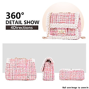Qiayime Purse and Handbags for Women Fashion Tweed Pearl Top Handle Satchel Shoulder Tote bead chain Crossbody Clutch Bag (pink)