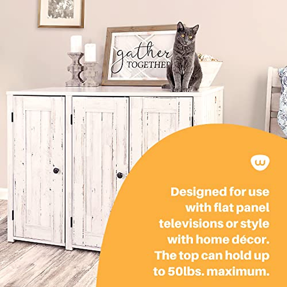 Whisker Litter-Robot Credenza with Litter Box Enclosure, 43.2” W x 28.1” D x 33.1” H - White Plank, Stylish + Durable Hidden Litter Box Furniture, Litter-Robot Not Included