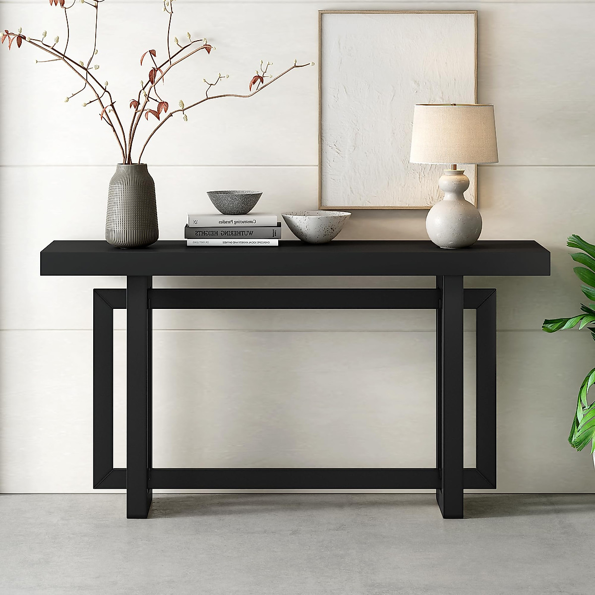 Hlcodca Contemporary Console Table with Industrial-Inspired Concrete Wood Top, Wood Legs, Extra Long Entryway Table for Entryway, Hallway, Living Room, Foyer, Corridor (Black)