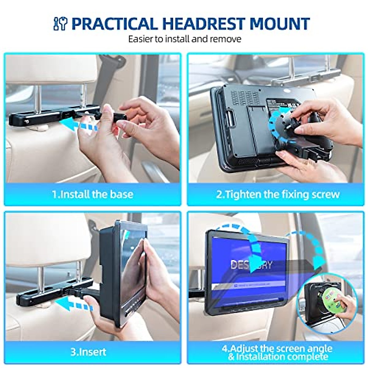 DESOBRY 10.5" Portable DVD Player for Car, Car DVD Player Dual Screen with HDMI Input, 5-Hour Rechargeable Battery, HD Transmission, Headrest DVD Player Supports USB, Last Memory (1 Player+1 Monitor)