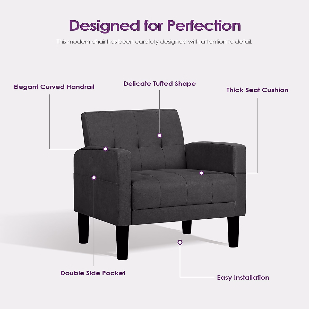 TYBOATLE Accent Chair, Living Room Chairs, Cozy Tufted Mid Century Modern Accent Chairs with Arms for Bedroom, Comfy Reading Arm Chair,Small Chairs for Small Spaces,Living Room,Office (1, Dark Grey)