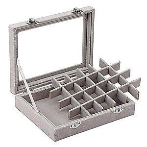 Fixwal Earring Jewelry Box 24 Grid Velvet Jewelry Tray for Drawers Glass Clear Lid Showcase Display Storage Ring Trays Earring Holder Organizer Case(Grey)