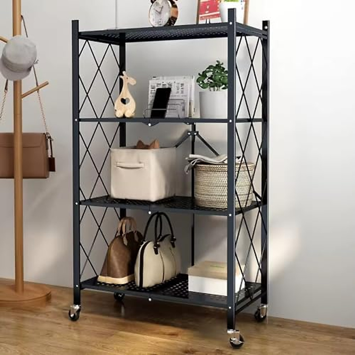 Foldable Storage Shelves on Wheels, 4 Tier Shelves for Storage, Heavy Duty Metal Shelving Units, No Assembly Storage Rack for Garage, Kitchen, Basement, Pantry, Black