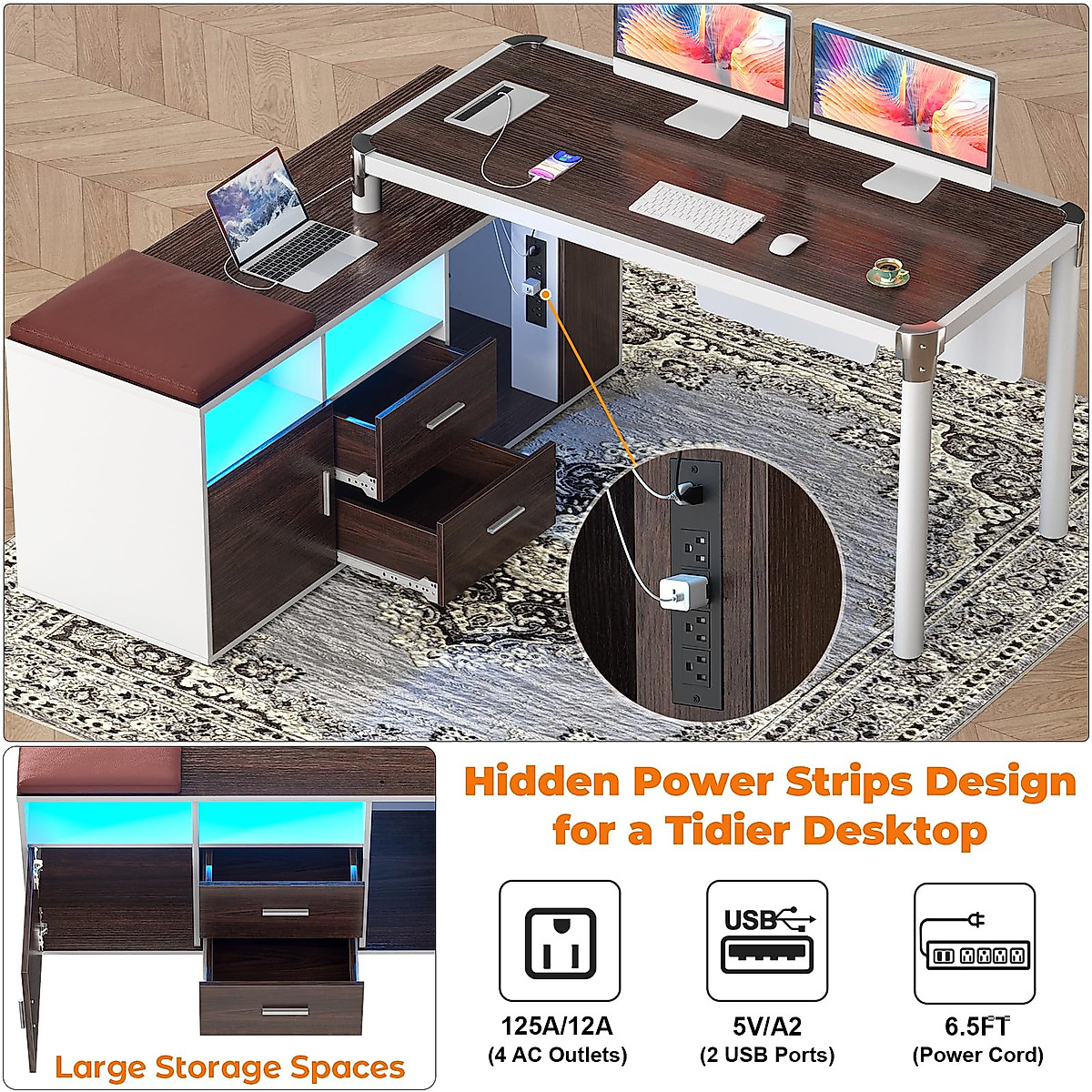 Cyclysio L Shaped Desk with File Cabinet and Power Strip, Reversible Corner Office Desk with LED Lights, Large L-Shaped Computer Desk with Drawer and Storage for Home Office, Soft Cushions, Espresso