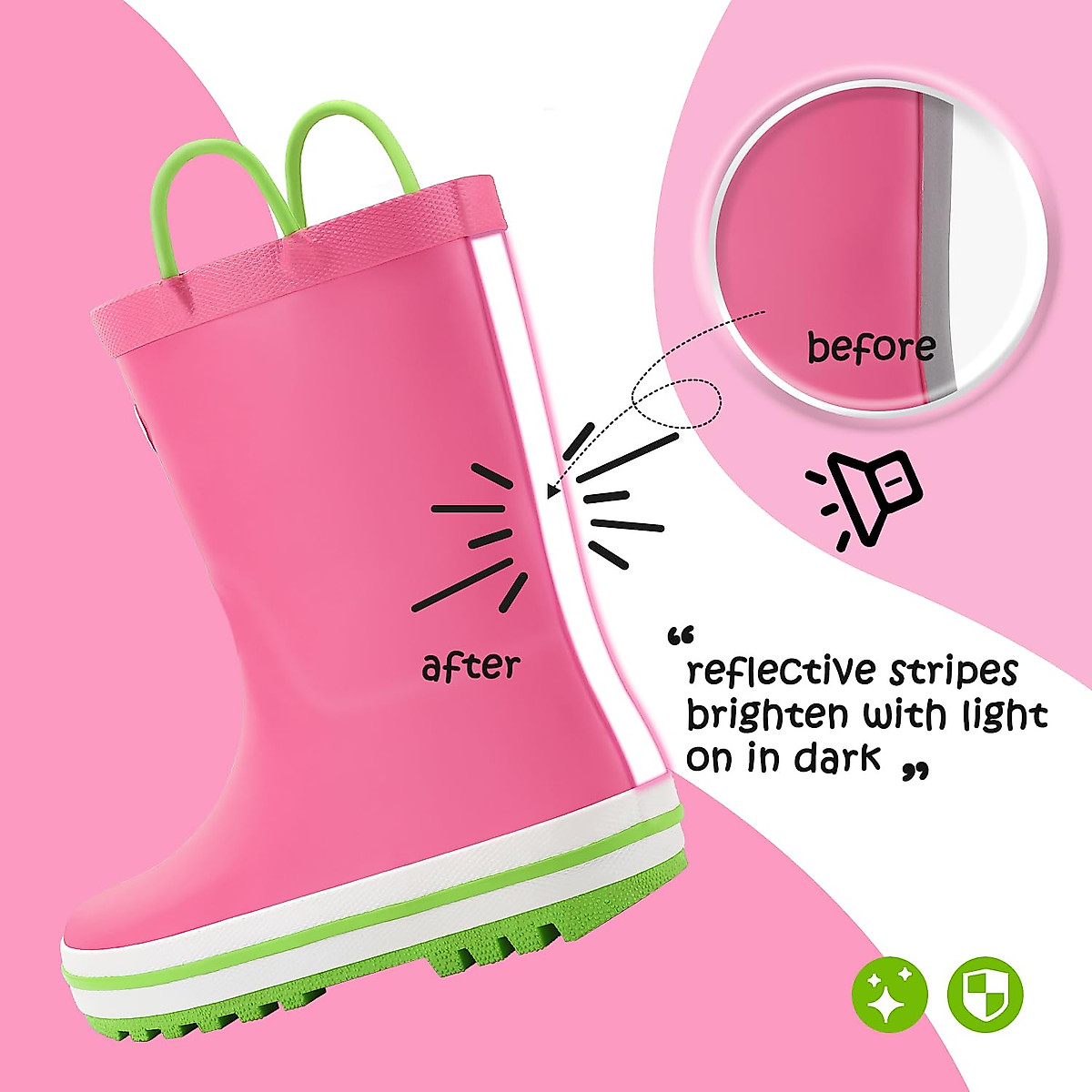 KomForme Kids Rain Boots, Waterproof Rubber Matte Boots with Reflective Stripes and Easy-on Handles Pink, 2 Big Kid