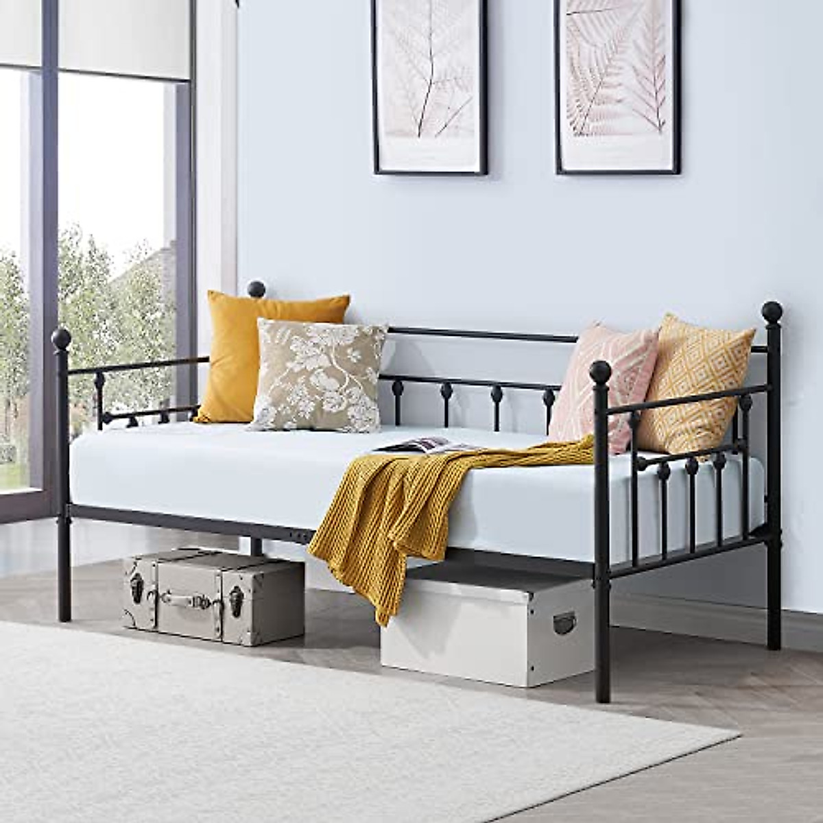 VECELO Twin Size Daybed Frame Metal Steel Slat Support/Strong Legs Headboard/Mattress Foundation