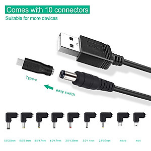 XINYUWIN 5FT USB to DC 5V Power Cable 5.5 * 2.1mm Barrel Jack with 10 Connectors Adapter for HUB Splitter, LED Lights, Router, Mini Fan, Speaker Etc.
