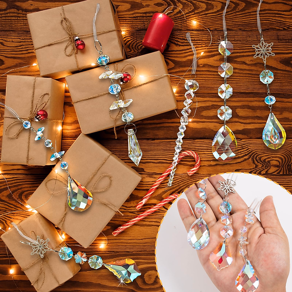 GuassLee Christmas Crystal Prism Ornaments for Christmas Tree - 6pcs Iridescent Teardrop Crystal Glass Sun Catcher for Christmas Decorations Indoor Tree Birthday Party Decor