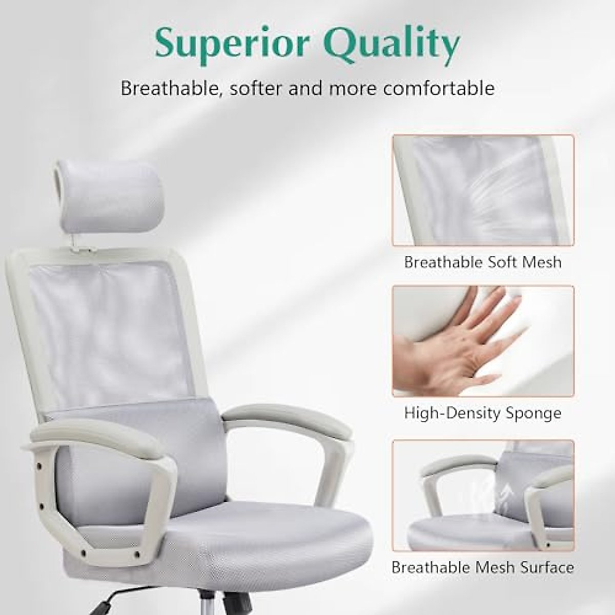 NEWBULIG Home Office Desk Ergonomic Mesh High Back Computer Height Adjustable Swivel Task Chair with Headrest and Flip-up Armrests, Grey, 16.5" D x 21" W x 47" H
