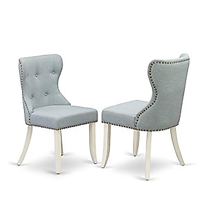 East West Furniture HBSI5-LWH-15 5 Piece Kitchen Table & Chairs Set Includes a Round Dining Room Table with Pedestal and 4 Baby Blue Linen Fabric Parson Chairs, 42x42 Inch, Linen White