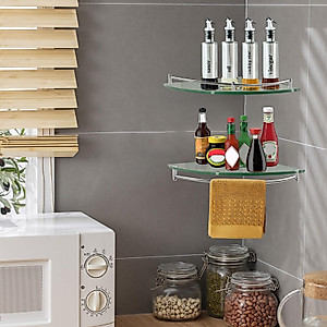 Boocalny 2 Pack Glass Corner Shelf, Corner Shower Shelf with Stainless Steel Rails, Tempered Glass Shower Caddy, Wall Mounted Glass Shelf for Bathroom Organization, 9.25x9.25x0.24in, Silver