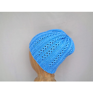 Womens Beanie Hat with Lace Design, Sky Blue, 100% Wool, Hand Knit Snug Cap, Teen Girls Skater Skullie