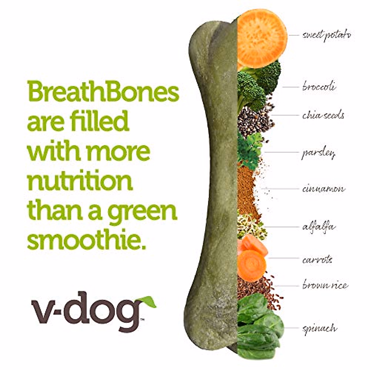 V-dog Dog Treats - Vegan Breathbone Teeth Cleaning Dental Dog Bones - Fresh Breath - 8 Ounces - All Natural - Made in USA - 6 Bones - 4" Long - Easy to Digest