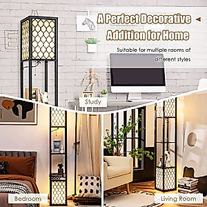 Tangkula Modern Shelf Floor Lamp, Freestanding Double Lamp w/ 2-Tier Wood Shelf & White Lampshade, E26 Bulb Base, Pull Chain & Foot Switch, Display Floor Light for Living Room Bedroom Office