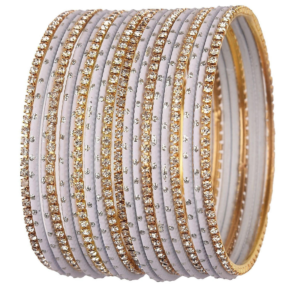 Efulgenz Indian Bangle Set Rhinestone CZ Plain Metal Bracelet Bangle Jewelry for Women (White (Set of 20 Pcs), 2-4)