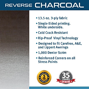 ShadePro - RV Awning Fabric Replacement - Premium Grade Weatherproof Vinyl - Universal Outdoor Canopy for Camper, Trailer, and Motorhome Awnings - Reverse Charcoal Fade - 16' (Fabric 15' 2")