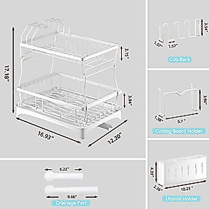 ParkNbuy Dish Drying Rack,2-Tier Detachable Dish Racks for Kitchen Counter,Large Capacity Dish Drying Rack Drainboard Set with Utensil Pots Holder and Cutting Board Holder White