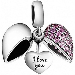 I Love You Heart Charm 925 Sterling Silver Dangle Bead Crystal Valentine's Day Gifts Fits Pandora European Bracelet Necklace(Fushcia -1)