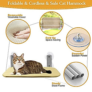 Foldable Cat Window Perch, Cordless Cat Window Hammock with 4 Strong Suction Cups, Window Cat Beds for Indoor Cats Inside, Large Cats Window Seat Windowsill Safety with Sturdy Metal Frame Soft Cover
