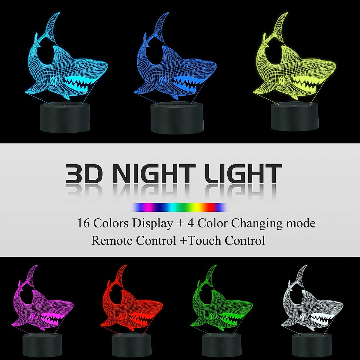 FULLOSUN Shark Gifts, 3D Shark Night Light for Kids (4 Patterns) with Remote Control 16 Colors Changing Dimmable Function, Xmas Birthday Gifts for Kids Child (Shark, Whale, Turtle, Dolphin)