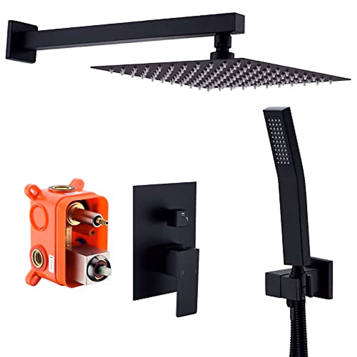 HEGII Shower System Combo Set,15 Inch Wall Mounted Shower Arm,10 inch Rainfall Shower Head System Shower Faucet Rough-in Valve Body and Trim Included,Matte Black