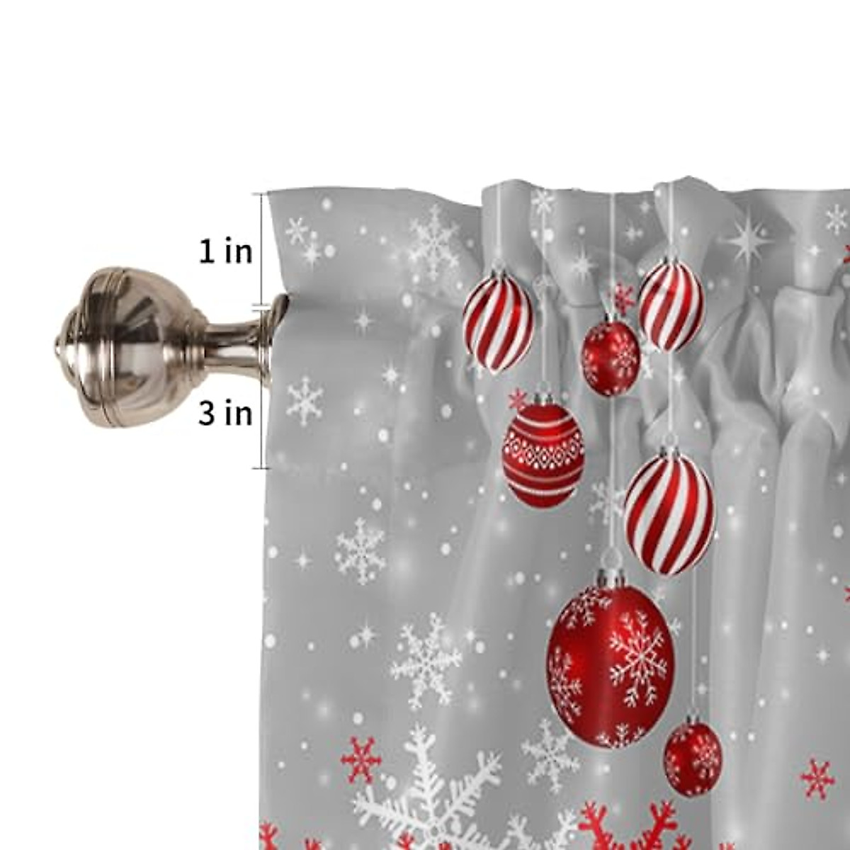 Red Christmas Balls Kitchen Curtain Tier Curtains 24 Inch Long 2 Panels Set, Rod Pocket Window Curtain Drapes Cafe Window Treatments for Living Room Bedroom Romantic Winter Snowflakes Grey Backdrop