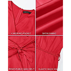 ZESICA Women's Elegant Bodycon Party Dress Satin Wrap V Neck Ruched Belted Formal Midi Dresses,Red,Medium