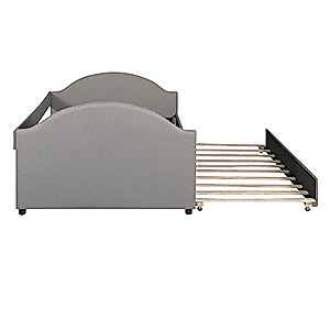 DRELOFT Full Size Upholstered Daybed with Strong Durable Pull-Out Trundle and Legs, Full Day Bed Sofa Bed with Wood Slat Support for Living Room Bedroom Guestroom, No Box Spring Needed, Gray