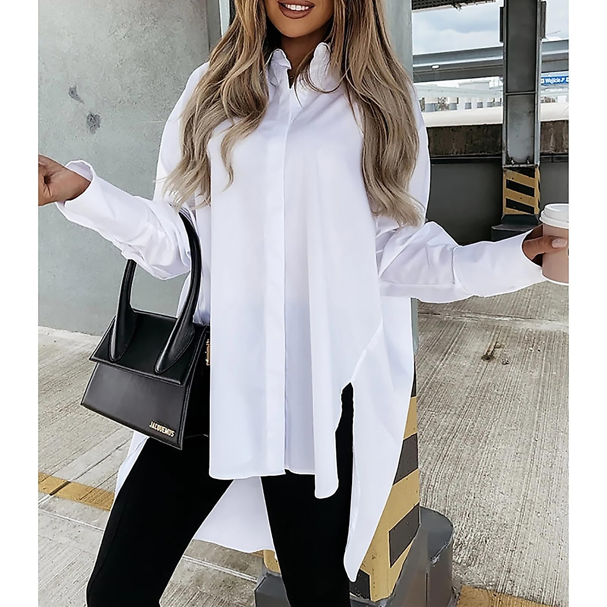 Mayntop Women Cotton Hi-Low Irregular Button-Down Collar Dipped Hem Long Sleeve Loose Shirt Solid Color Plain Business Casual Oversized Side Slit Top BFF Baggy Blouse A White S