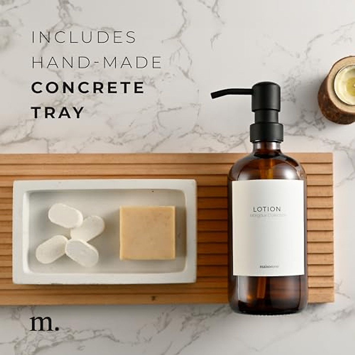 MaisoNovo Shampoo and Conditioner Dispenser with Wall Mounts - 2 Amber Bottles + Concrete Tray