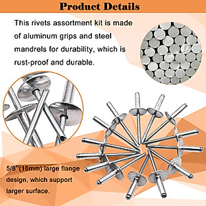 Sunxeke 100pcs Aluminum Large Flange Blind Rivets, 3/16 x 3/8 inch, Flange Diameter 5/8 inch(16 mm), Pop Rivets Assortment Kit Blind Rivet by Bolt Dropper, Grip Range(3-6mm)