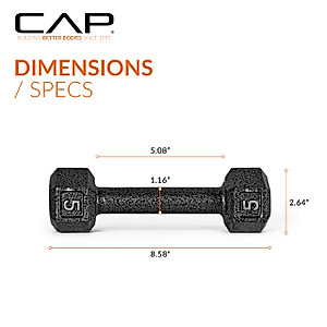 CAP Barbell Cast Iron Hex Dumbbell Weights (Pair), Black, 5 lb
