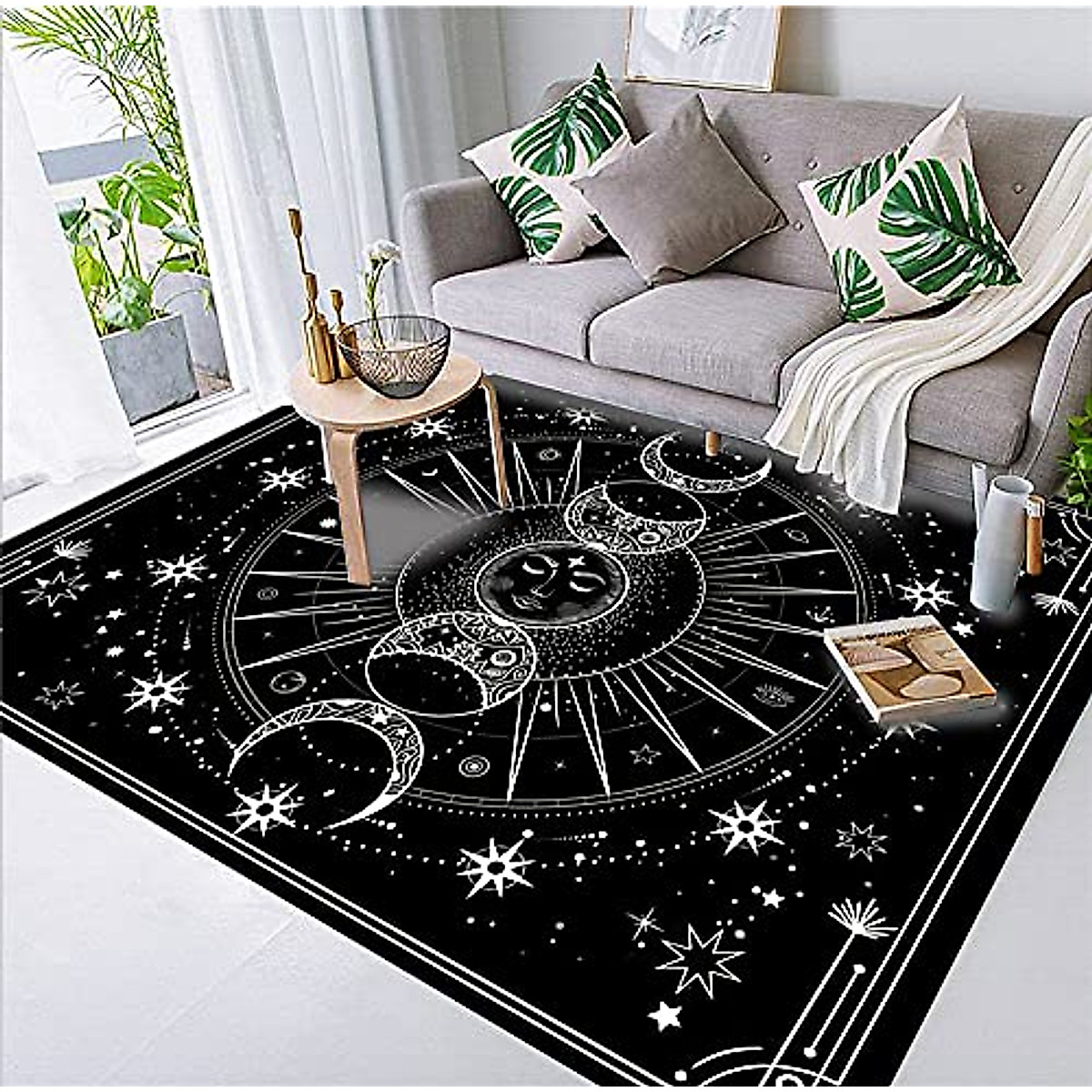 LGGQQW Sun and Moon Area Rugs Black and White Stars Space Carpets Astrology Zodiac rugsfor Bedroom Teen Girl Psychedelic Aesthetic Rugs