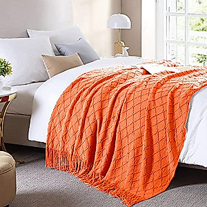 Walensee Throw Blanket for Couch, 50 x 60 Orange, Acrylic Knit Woven Summer Blanket, Lightweight Decorative Soft Nap Throw with Tassel for Chair Bed Sofa Travel Picnic, Suitable for All Seasons