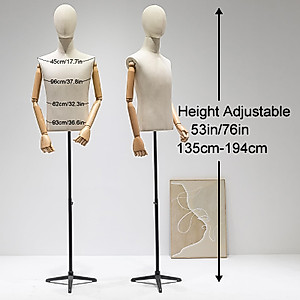 Male Mannequin Torso with Head, Dress Form Male 53"~76" Height Adjustable Body with Tripod Metal Stand, Sewing Mens Mannequin with Detachable Flexible Solid Wood for Store Display