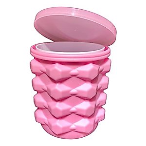 The Ultimate Mini Ice Cube Maker Pink Silicone Bucket Ice Mold and Storage Bin, Portable 2 in 1 Ice Cube Maker, Small Ice Container Makes Frozen Ice Cubes, Craft Ice, Closed Ice Cube Tray, Round