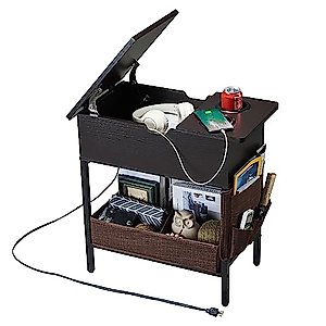 Lovitgo End Table with Power Outlet, Small Side Table with USB Ports & Fast Charging, Flip Top Nightstand with 2 Cup Holders & Fabric Drawer, Fabric Bag for Small Spaces,Living Room,Bedroom