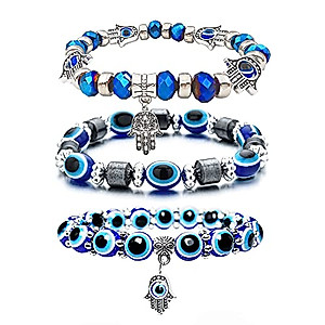 CJIAYUJEW 3pcs Evil Eye Bracelet Chakra Crystal Bracelets Set,Evil Eye Hamsa Blue Beaded Charm Stretch Bracelet for Protection and Blessing (Blue, Zinc Alloy)