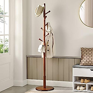 VASAGLE Coat Rack Free Standing with 7 Rounded Hooks, Wood Hall Tree, Entryway Coat Stand for Clothes, Hats, Purses, in The Entryway, Living Room, Dark Walnut URCR07WN
