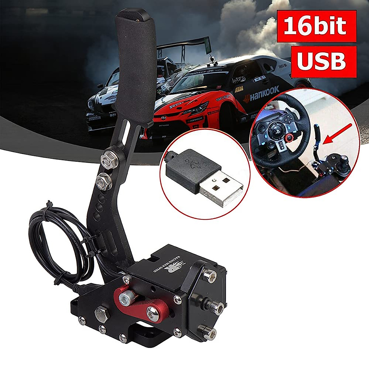 CNRAQR PC Racing Game USB Handbrake for 16Bit SIM for Racing Games, Compatible with G27 G29 G920 G923 T500 T300 Simulate Linear Handbrake（With Fixing Clip and Plate