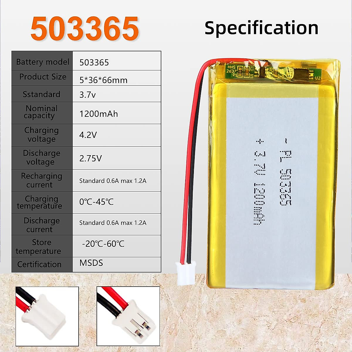 YDL 3.7V 1200mAh 503365 Lipo Battery Rechargeable Lithium Polymer ion Battery Pack with PH2.0mm JST Connector
