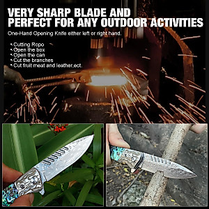 Cottonbell Damascus Pocket Knife for Men Women, Unique Abalone Seashells Handle Folding Knives,EDC Knife Survival Knife with Safety Liner Lock