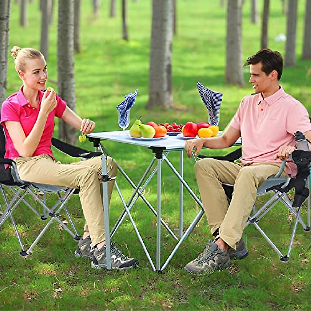 YSSOA Oversized Camping Folding Chair with Cup Holder, Side Cooler Bag, Heavy Duty Steel Frame Fully P Added Quad Armchair for Outdoors, 1-Pack, Grey