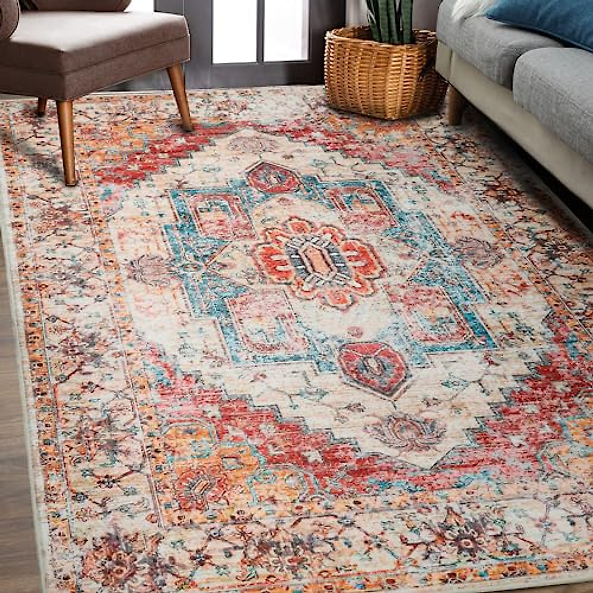 Comeet Boho Area Rug 4x6, Washable Rug, Indoor Throw Mat Anti Slip Backing Floor Carpet for Kitchen Living Room Bedroom Dining Room Orange/Blue
