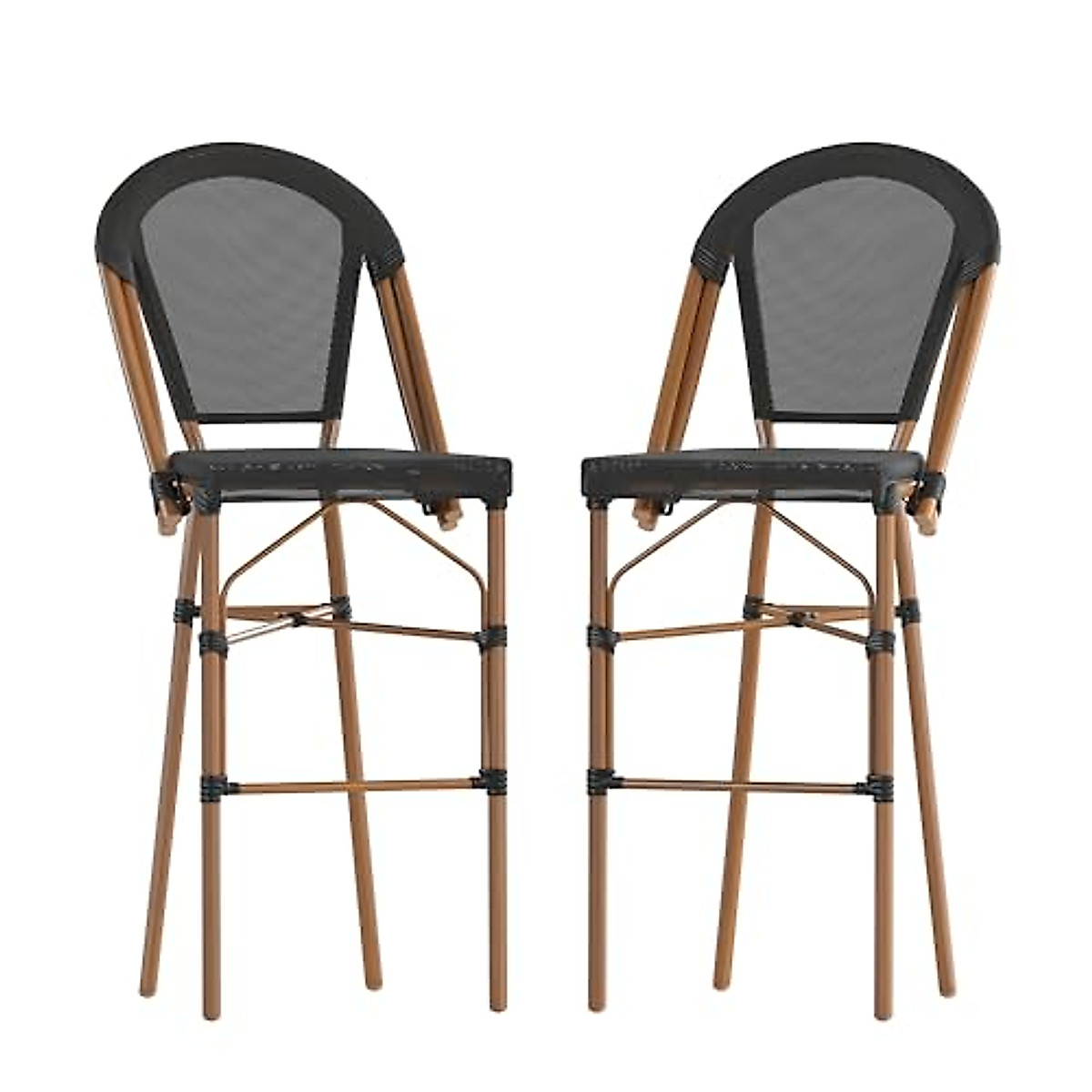 Flash Furniture Marseille Indoor/Outdoor Commercial Bistro Stacking Bar Stool - Black Textilene Back and Seat - Natural Bamboo Print Metal Frame, 2 Pack