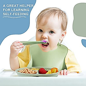 15 Pcs Baby Led Weaning Supplies, Silicone Baby Feeding Set, Suction Bowl Divided Plate with Suction Adjustable Bib Soft Spoon Fork, Infant Baby Toddler Self Eating Utensil (Blue, Green, Gray)