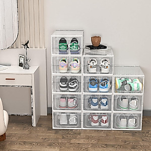 Ancofoo X-Large Shoe Storage Organizer Boxes, Clear Shoe Boxes Stackable Shoe Organizer for Closet, Shoe Containers Bins with Lids, Space Saving for Entryway, White, 12 Pack, Fit Size 11