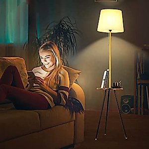 Floor Lamp with Shelves,Round Shelf Floor Lamps with E26 LED Bulb,Foot Switch Storage Wood Texture Modern Floor Lamp with Linen Shade,Display Standing Lamp for Living Room, Bedroom-Wooden