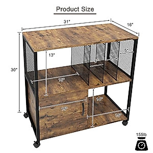 PUNCIA Mobile Wood Lateral File Archive Folder Cabinets with 3 Compartments Rack for Binder Storage Rolling Filing Printer Cabinet with Wheels and Open Storage Shelves for Home Office