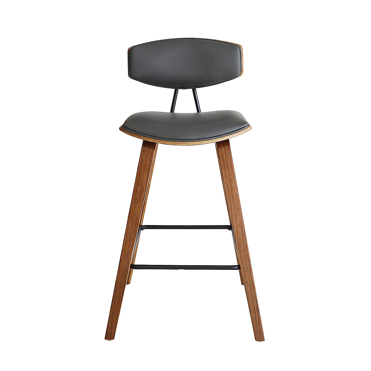 Armen Living Fox 25.5" Counter Height Grey Faux Leather and Walnut Wood Mid-Century Modern Bar Stool